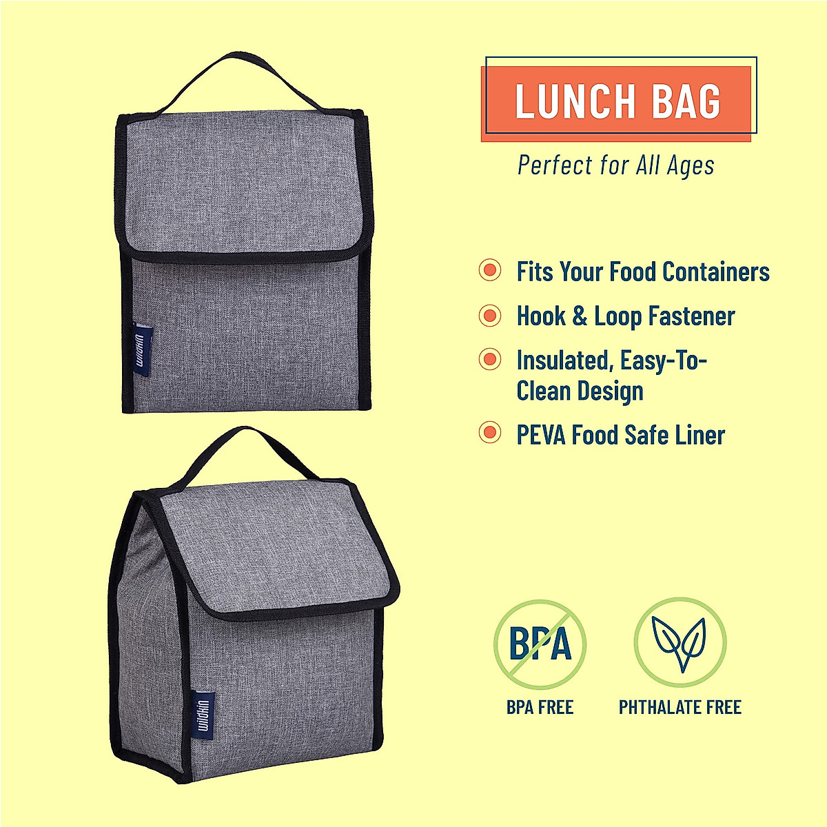 Wildkin Kids Insulated Lunch Bag for Boys & Girls, Reusable Lunch Bag is Perfect for Daycare & Preschool, Ideal Size for Packing Hot or Cold Snacks for School & Travel Lunch Bags (Grey Tweed)