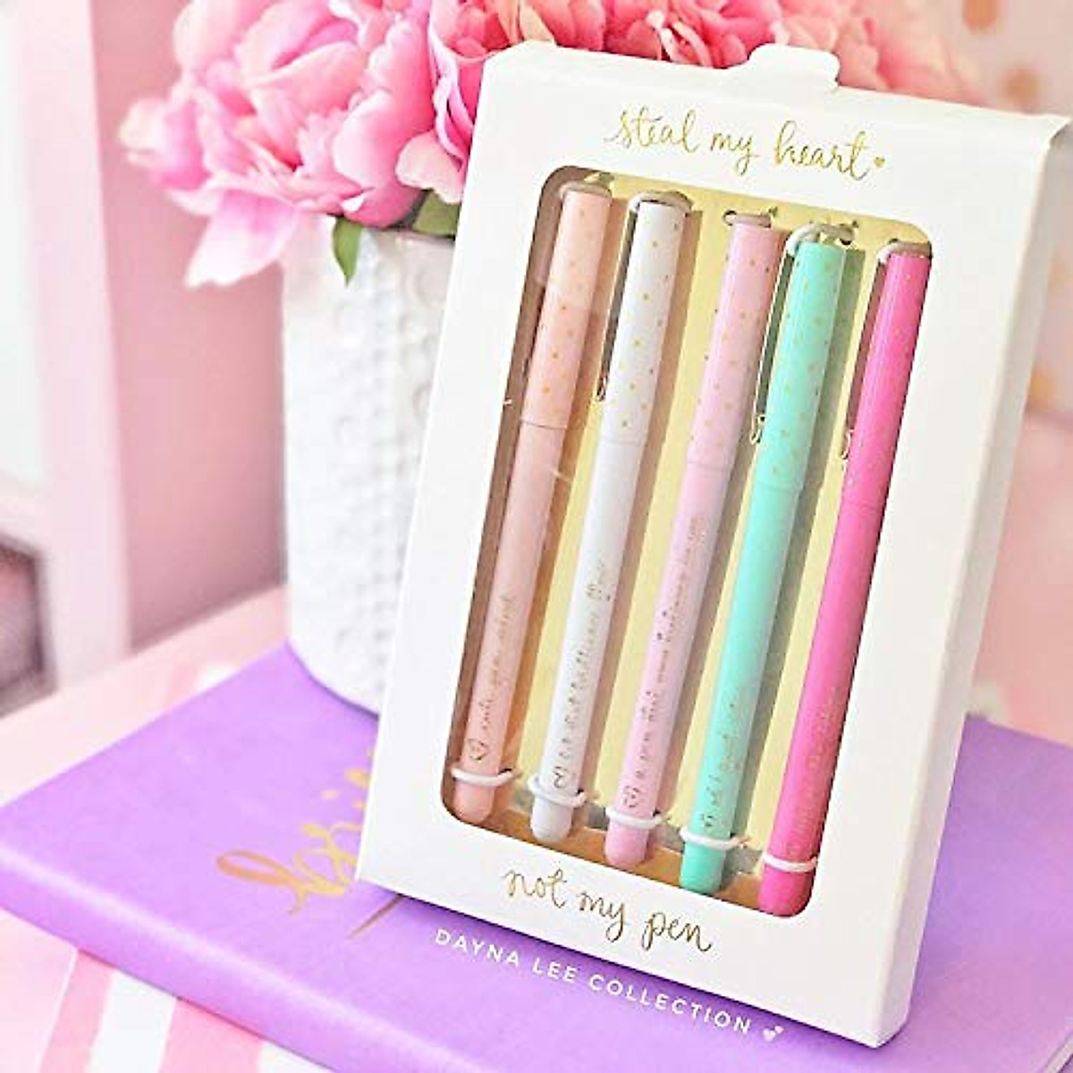 Eccolo Dayna Lee Collection Steal My Heart - Fine Tip Black Ink Ballpoint Pens (Set of 5), Inspiring Quotes, Gift Boxed