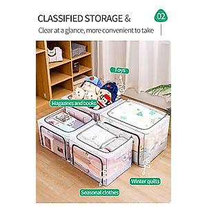 Bestunihom PVC Clear Window Storage Box,Waterproof Storage Organizers Clothing,Quilts,Kids toys, Books,Office Storage Bins Reinforced Handles,Pack of 3 Blue 110L SNX-JWB013PBL110