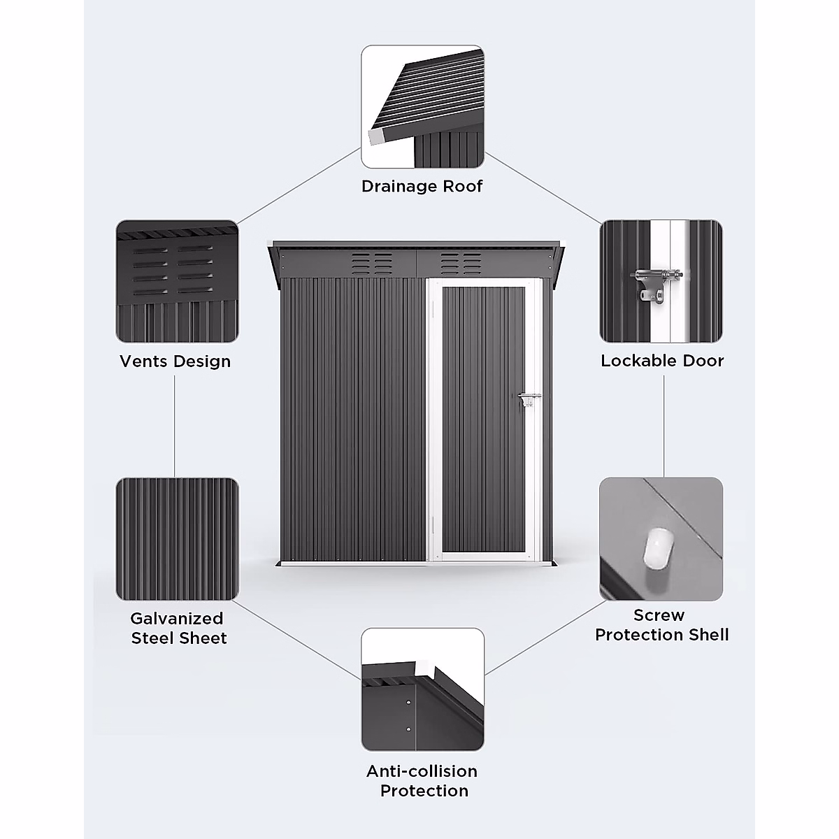 Bealife 5' x 3' Outdoor Storage Shed Clearance, Metal Outdoor Storage Cabinet with Single Lockable Door, Waterproof Tool Shed, Backyard Shed for Garden, Patio and Lawn(Grey)