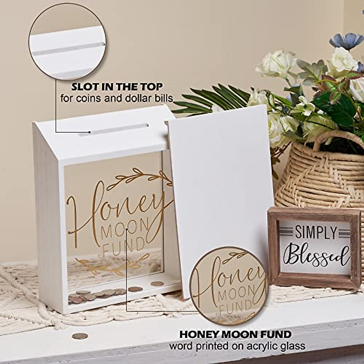 Defined Deco Honey Moon Fund Box Gift Card Box Wood Wedding Card Box Picture Box Shadow Box for Wedding Decor Wedding Decorations for Reception with Wood Sign SET OF 2 (11.5 x 9.25x 3.25IN)