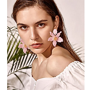 ANDPAI Unique Bohemian Oversized Acrylic Resin Flower Dangle Drop Earrings Retro Large Hawaii Flower Lei Earrings for Women (Pink)