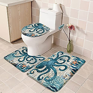 Savannan Octopus 3 Piece Bathroom Rugs Set, Underwater World Retro Watercolor Seaweed Blue Absorbent Soft Bath Mat & Small:18inchx30inch+14inchx18inch+15inchx18inch