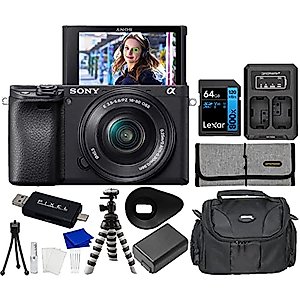 Sony a6400 Mirrorless Digital Camera Bundle with 16-50mm Lens, Water Resistant Gadget Bag, Cleaning Kit, Eyeshade, Card Reader, Rear Lens Cap + More | Alpha 6400 E-Mount APS-C Sensor Black