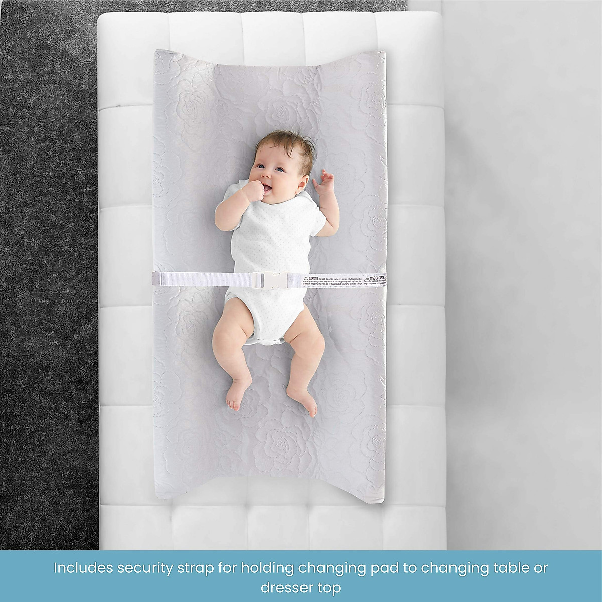 LA Baby Contoured Waterproof Diaper Changing Pad, 30" with Easy to Clean Quilted Cover - Made in USA. Non-Skid Bottom, Safety Strap, Fits All Standard Changing Tables/Dresser Tops, White