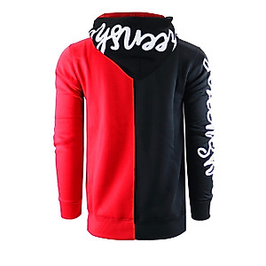 SCREENSHOT-H1113 Mens Urban Hip Hop Premium Fleece Hoodie - Shiny Black Bear Animation Cartoon Half Color Block Hooded Sweatshirt-Black/Red-3XLarge