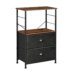 SONGMICS Nightstand, Industrial Bedside Table with 2 Fabric Drawers, Storage Shelves, Vertical Dresser Storage Tower with Wooden Top, Metal Frame, Labels, Rustic Brown and Black ULVT03H