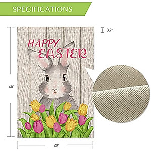 Happy Easter House Flag large 28 x 40 Inch Double Sided Rabbit with flower Spring Seasonal for Outside Burlap Yard Outdoor Decor