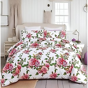 DaDa Bedding Romantic Roses Floral Duvet Cover Set - Lovely Spring Garden Pink w/Pillow Cases - Bright Vibrant Colorful Blooming Flowers - Very Soft Comforter Cover w/Corner Ties - Full - 3-Pieces