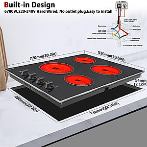 Noxton 30 Inch 4 Burners Electric Cooktop, Built-in 30" Radiant Electric Ceramic Stove Top with Glass Protection Metal Frame,Knob Control, Hot Surface Indicator, 220-240v, No Plug, Hard Wire