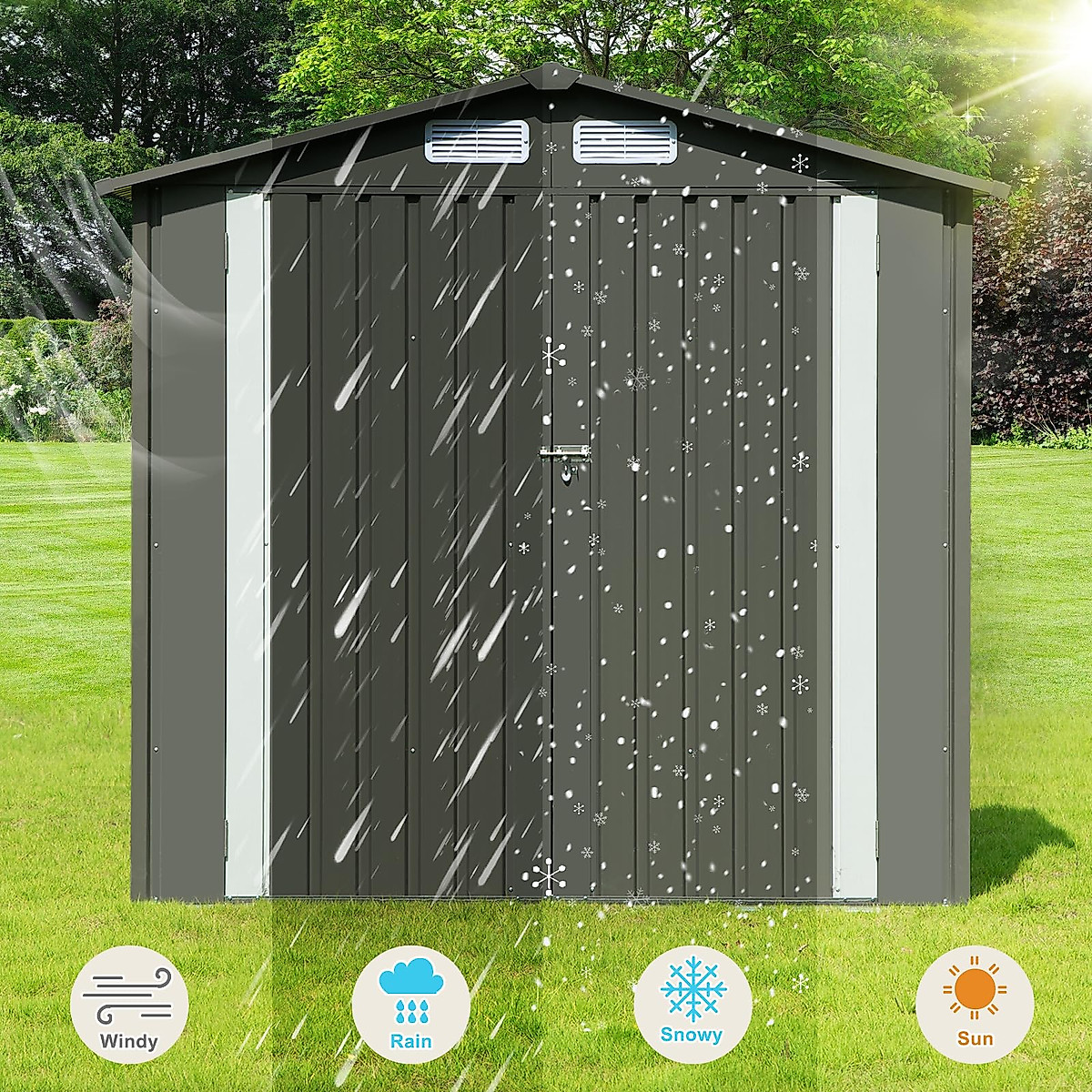 Metal Outdoor Storage Shed 6×4 FT with Double Lockable Doors, Heavy Duty Galvanized Large Garden Shed with Air Vent, Tool Sheds Storage House for Backyard Garden Patio Lawn-Dark Gray