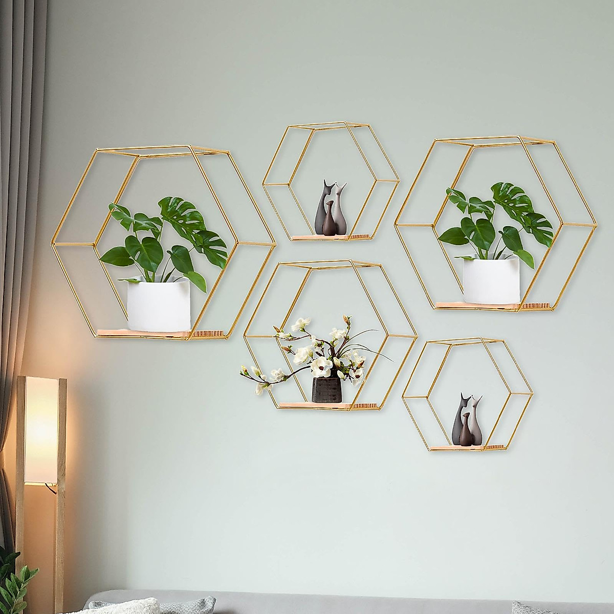 MYCENSE 5Pcs Hexagon Iron Wall Shelves Floating Shelf, Bathroom Wall Decoration Organizer, Storage Rack for Books Artworks Display, Golden