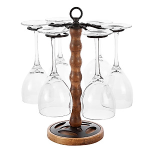 MyGift Brown Solid Wood and Antique Bronze Metal Tabletop Wine Glass Holder with Scrollwork Design, Free Standing Stemware Display Stand, Holds 6 Glasses