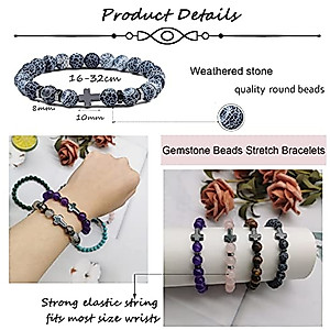SAMOCO 12Pcs Healing Stone Beaded Bracelets for Women Men Semi-Precious Gemstones Bracelets Crystal Cross Beaded Bracelet Unisex Adjustable Stretch Bracelets 8MM