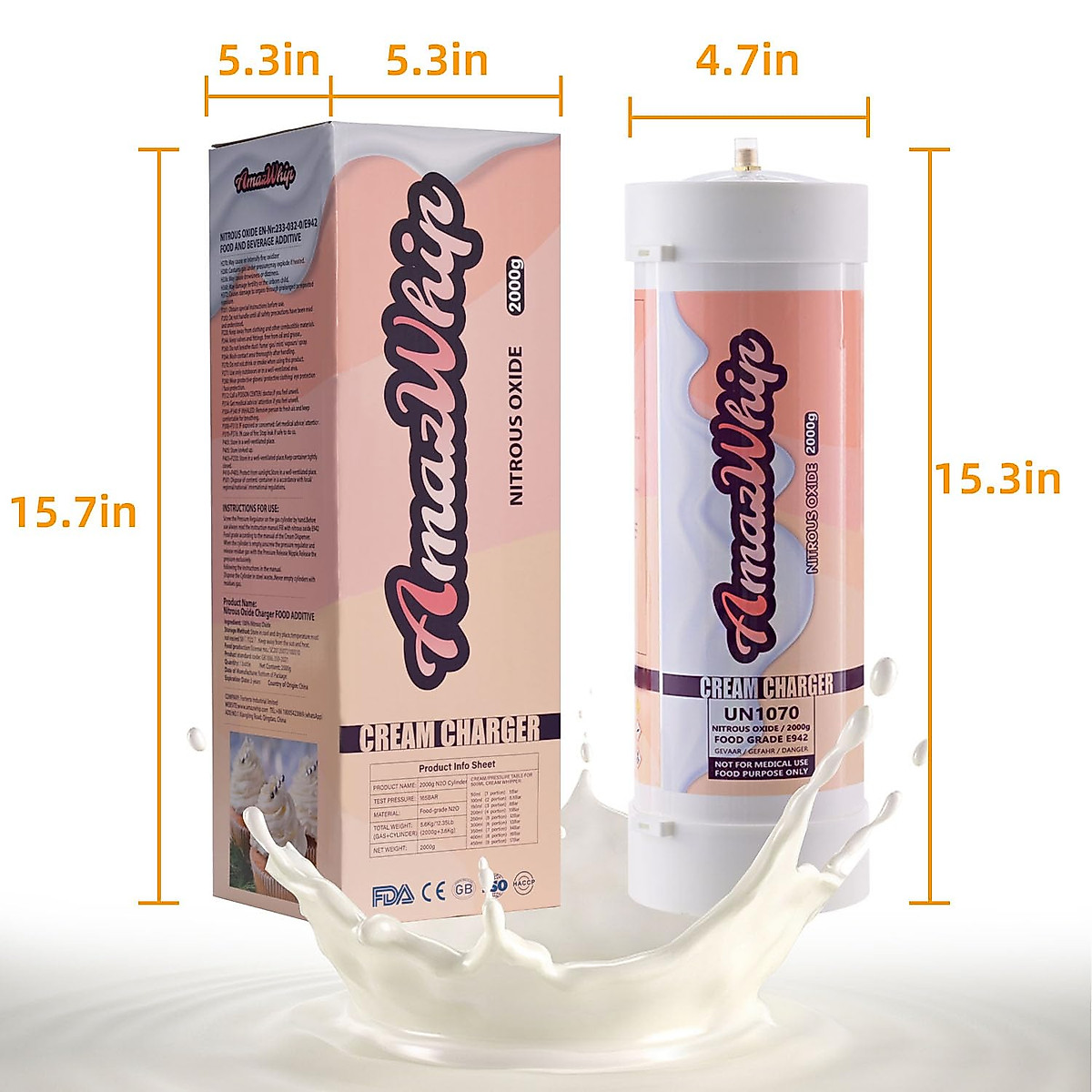 AMAZWHIP 3.3L Whipped Cream Charger - Pure Original Flavor N2O Whip Cream Chargers -Food Grade Nitrous Oxide Tank (2 cylinders)