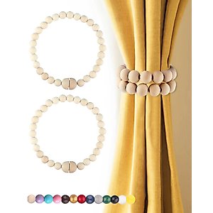 Magnetic Curtain Tiebacks Boho Beaded: Strong Magnets, Boho Decor Wood Bead Curtain Tiebacks, Farmhouse Decor Curtain Tie Backs for Curtain Holdbacks, Baby Nursery Decor, Natural, 2 Pack