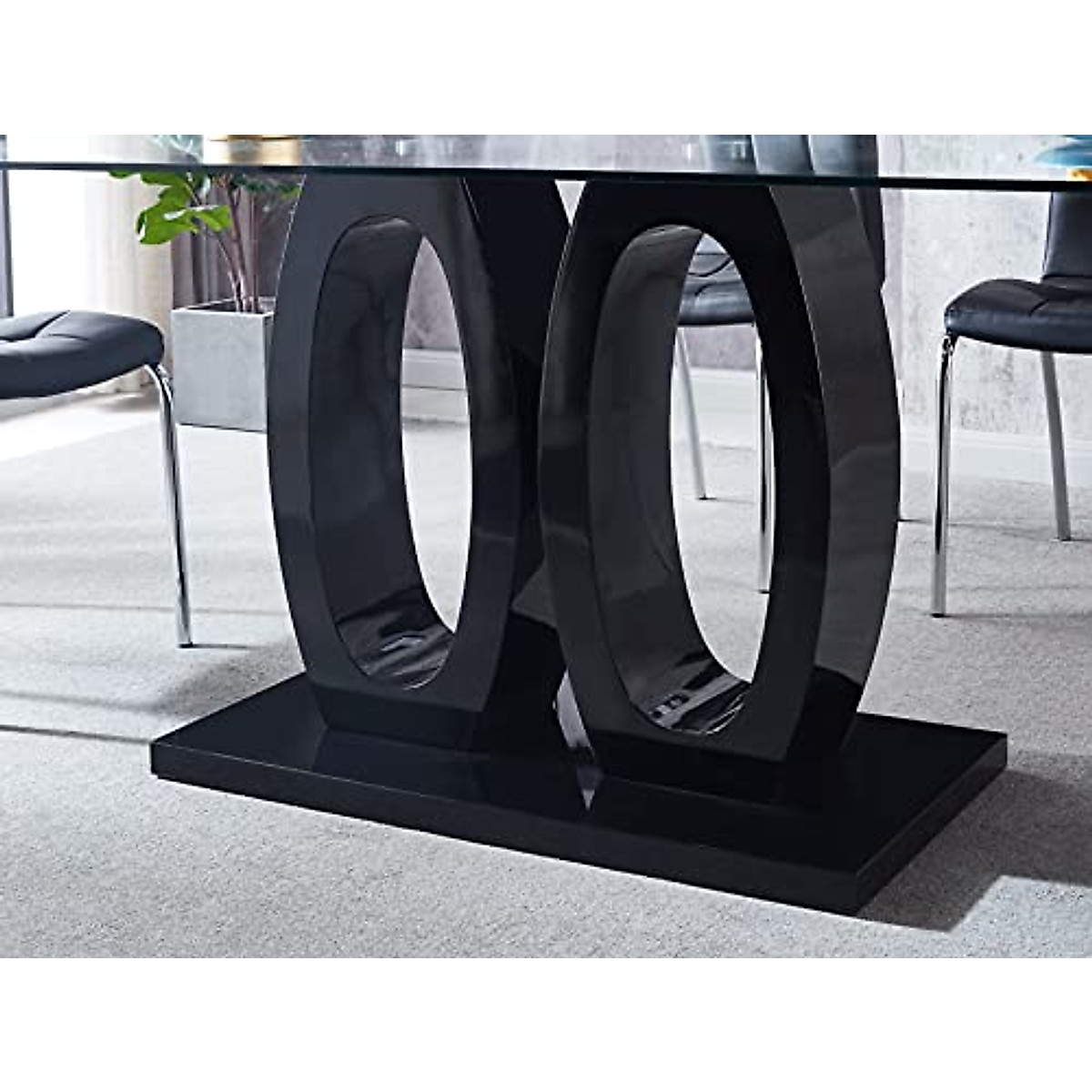 Modern Dining Table for 6, 63" Dining Room Table with Glass Top Dining Table with Black Wood Support,Glass Kitchen Table/Dinner Table for 4-6 People