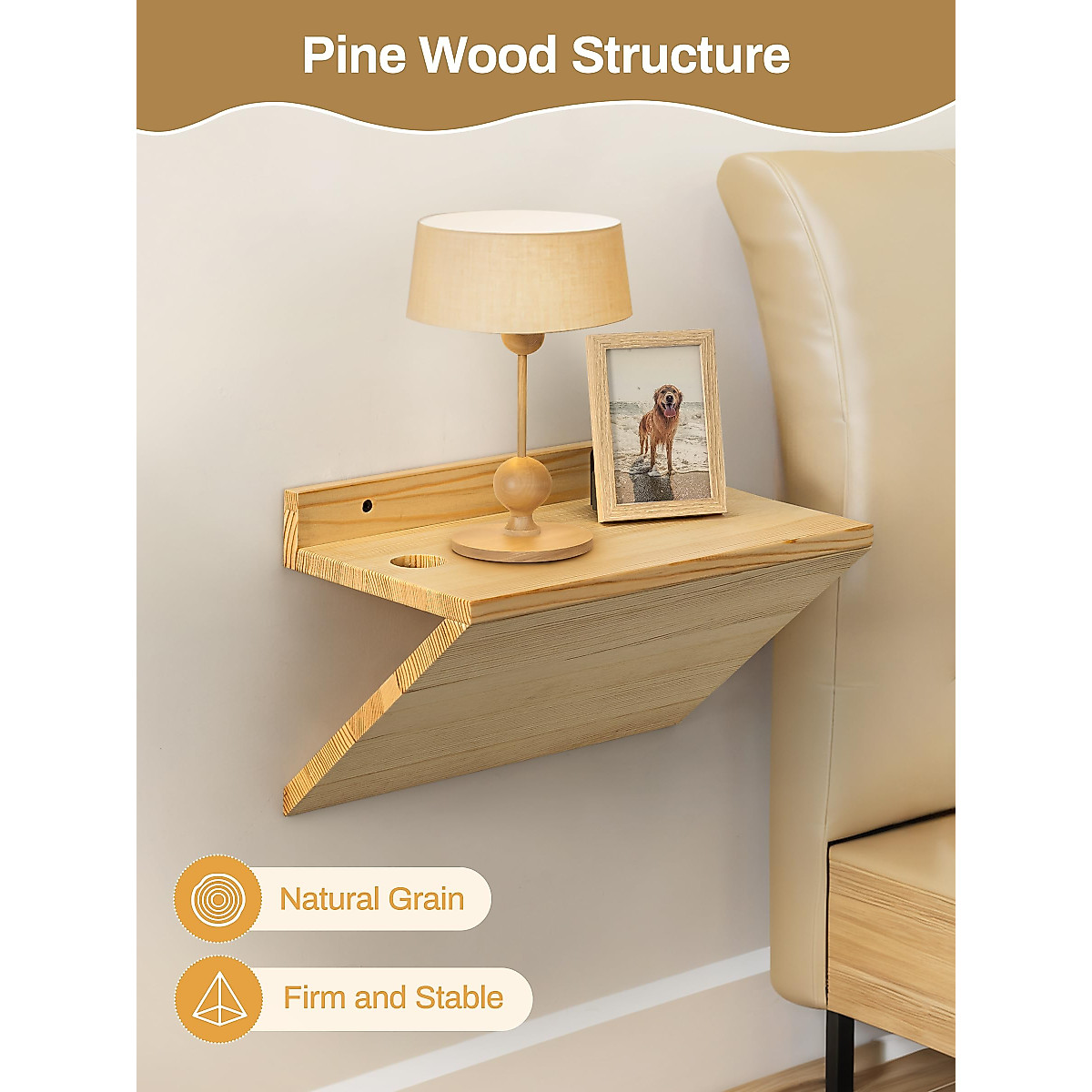 Sivapleso Floating Nightstand Set of 2, Natural Solid Wood Floating Bedside Tables Small Wall Mounted Nightstand Hanging for Bedroom