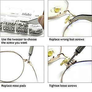 Eyeglasses Repair Kit, Qesaw 1100Pcs Tiny Eyeglass Screws Repair kit Assortment and 5 Pairs Nose Pads Set with Micro Screwdriver Tweezer for Eyeglass, Sunglass & Watch Repair
