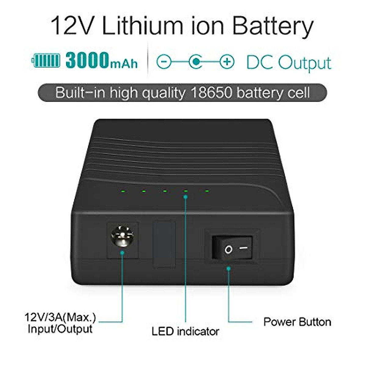 TalentCell Rechargeable 12V DC Output Lithium ion Battery Pack for LED Strip/Light/Panel/Amplifier and CCTV Camera with Charger, Multi-led Indicator Black (3000mAh)