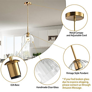 Lighten Chance Modern Pendant Light Kitchen Island, Bell Lamp Shape Hanging Ceiling Lighting Fixture with Clear Striped Glass Lampshade Dining Room, Warm Brass Finish