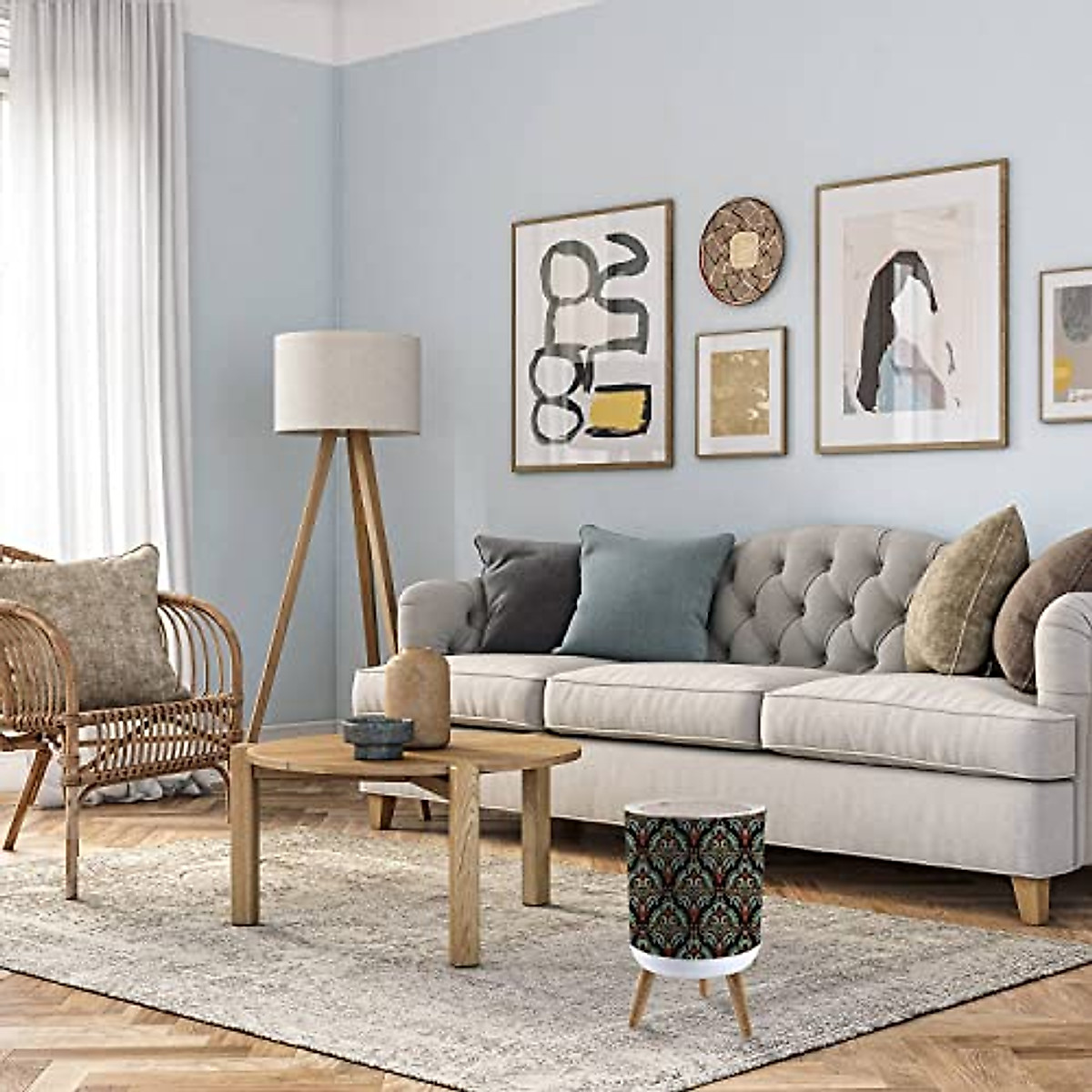 Small Trash Can with Lid Seamless Based on Ornament Paisley Bandana Print Vintage Style Silk Wood Legs Press Cover Garbage Bin Round Waste Bin Wastebasket for Kitchen Bathroom Office 7L/1.8 Gallon