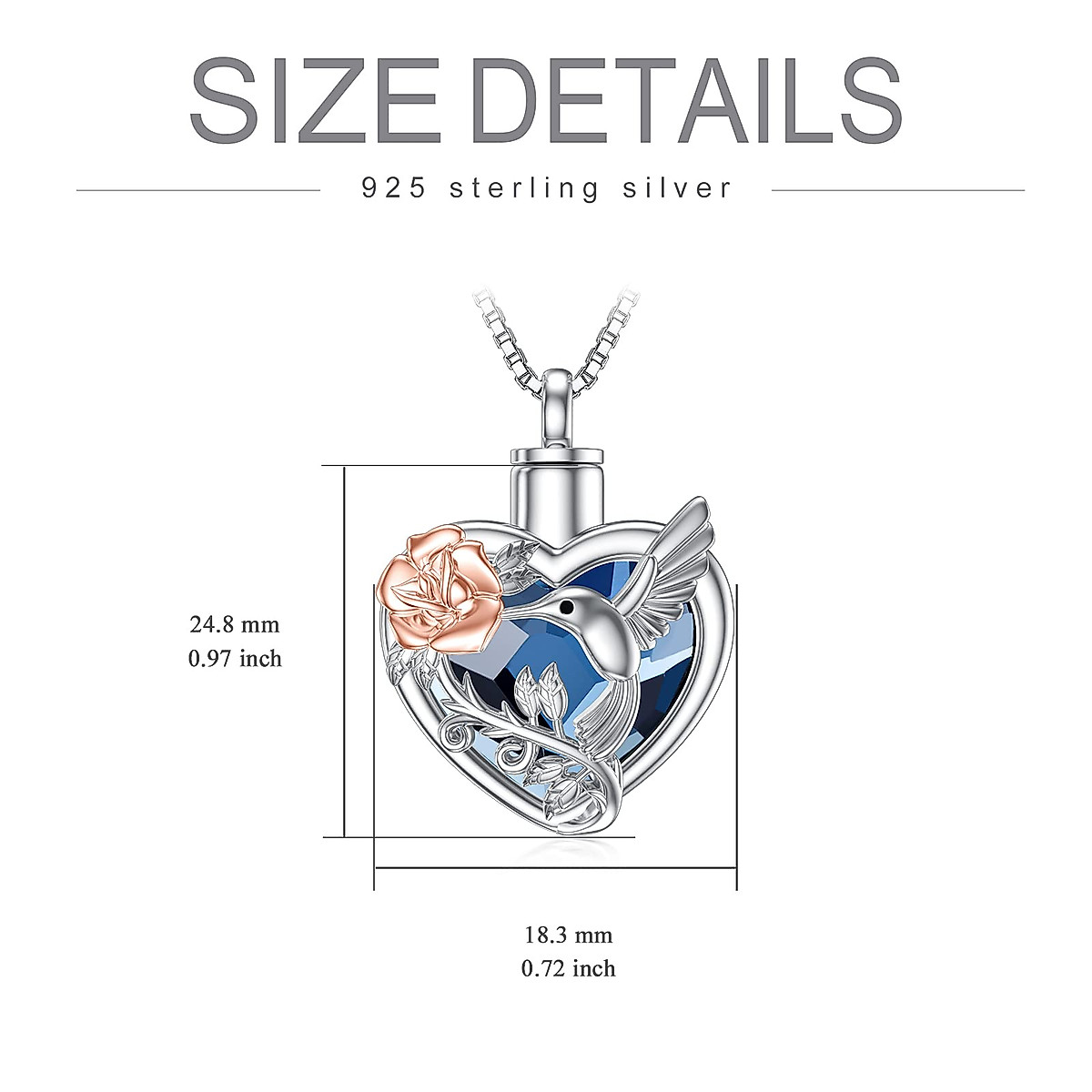 TOUPOP Hummingbird Urn Necklace for Ashes Sterling Silver with Blue Heart Crystal Cremation Jewelry w/Funnel Filler Memory Jewelry for Women