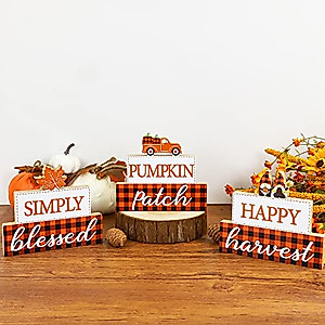 Fall Thanksgiving Decorations for Home, 3 PCS Buffalo Plaid Fall Table Decor Wooden Fall Signs - Harvest Blessed Pumpkin Patch, Farmhouse Fall Thanksgiving Decor for Tabletop Centerpieces Mantle Shelf