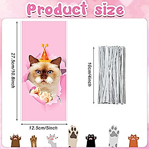 Hotop 100 PCS Cat Cellophane Bags Gift Treat Goodie Candy Party Favor Bag with 150 Ties Kitty Themed Birthday Decorations Supplies for Kids Home Classroom Baby Shower