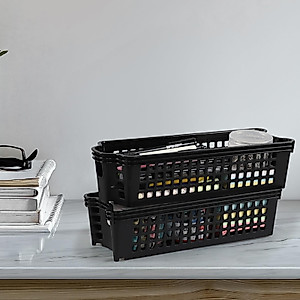 Morcte 12 Pack Narrow Plastic Storage Basket, Stacking Slim Plastic Baskets, Black