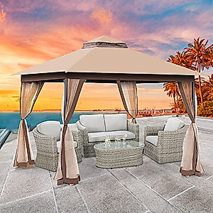 CHARMELEON Gazebo 10x10, Outdoor Gazebo with 4 Sandbags, Double Vented Roof Gazebo with Screen Netting Walls, Waterproof Patio Canopy for Deck, Party & Backyard (Khaki)