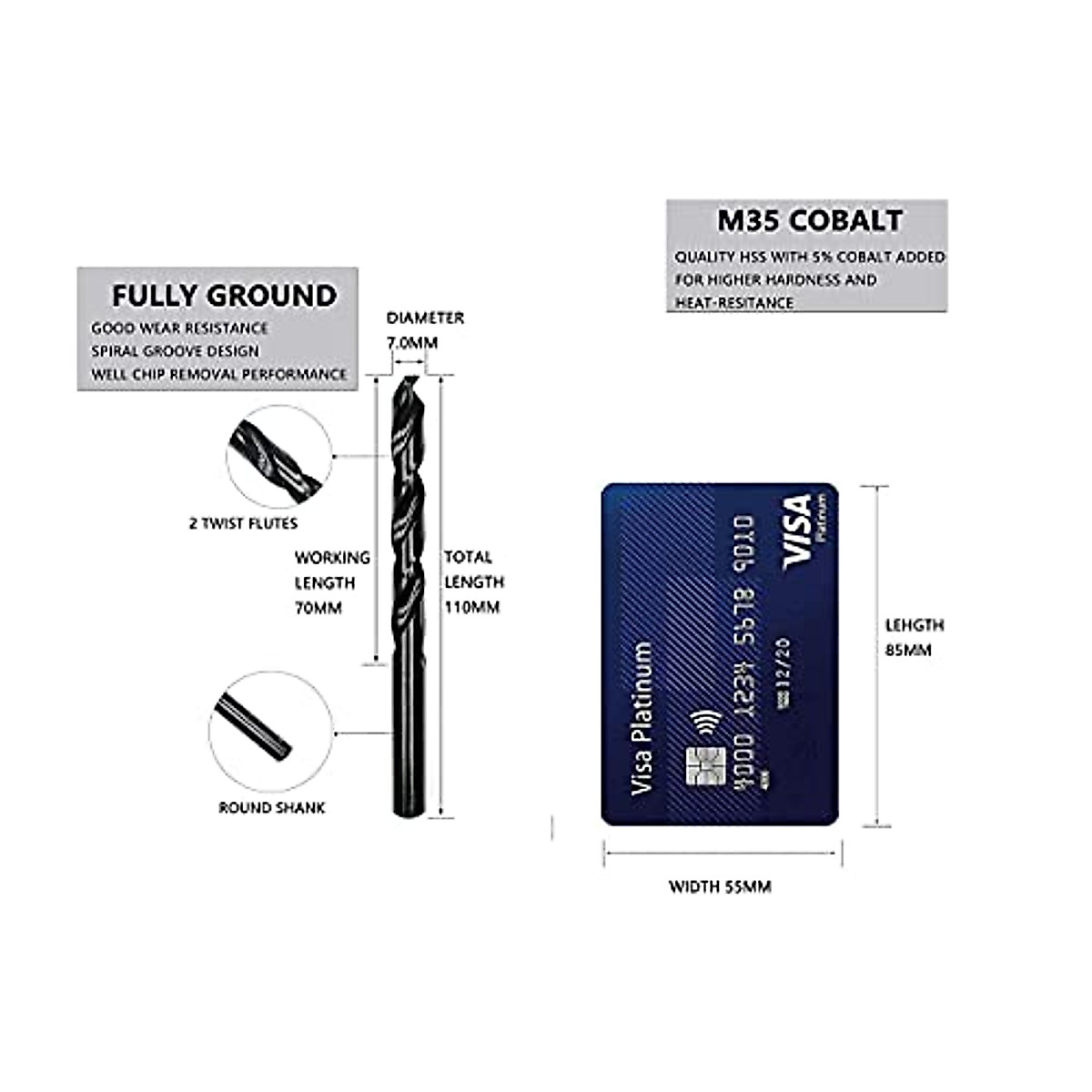 DelitonGude 7.0mm HSS M35 Cobalt Twist Drill Bits,9/32''inch High Speed Steel,Pack of 10,Suitable for Steels,Cast Iron,Stainless Steel,Copper and Other Hard Metals(7.0mm)