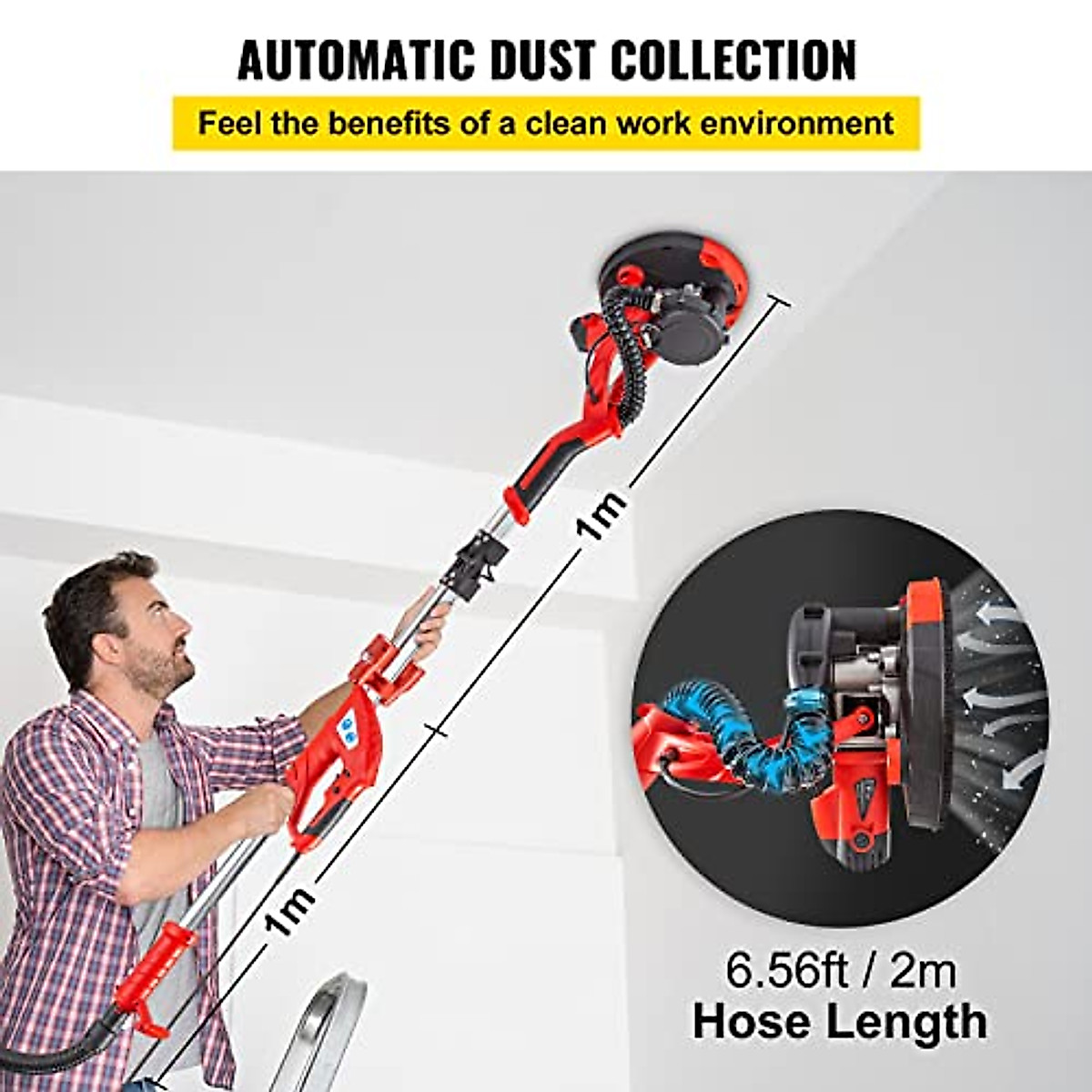 Mophorn Drywall Sander 850W Electric Drywall Sander Foldable Sheetrock Sander with Telescope Handle, Electric Sander Variable Speed 800-1750RPM, Wall Sander with LED Lights and Vacuum Bag, 6 Sand Pad