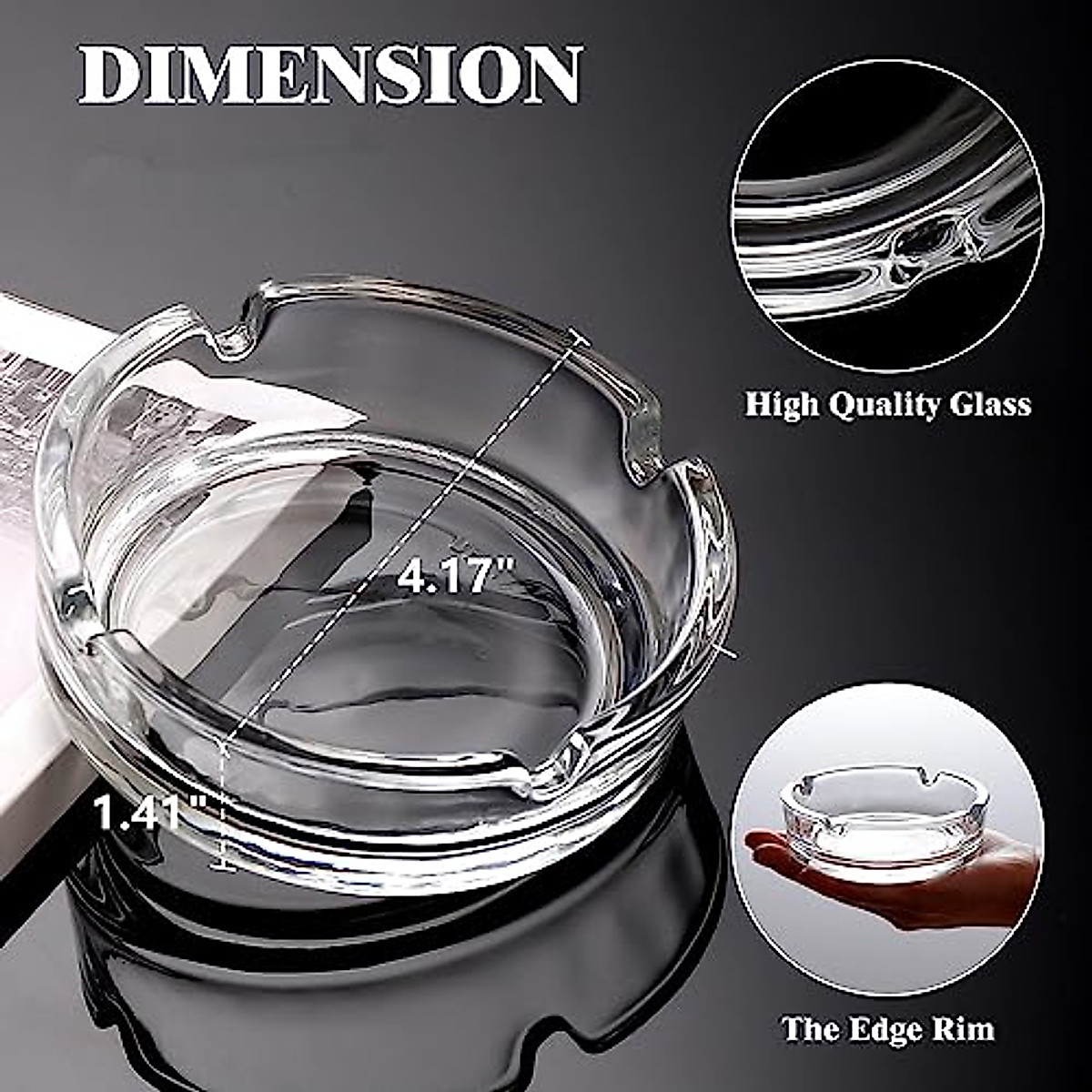 Ash Tray, Glass Ashtray for Cigarettes, Portable Decorative Modern Ashtray for Outside, Home, Office, Patio, Outdoor, Indoor, Fancy Cute Cool Ashtray, Clear/Crystal/Transparent (4.17"L x 1.41"H)