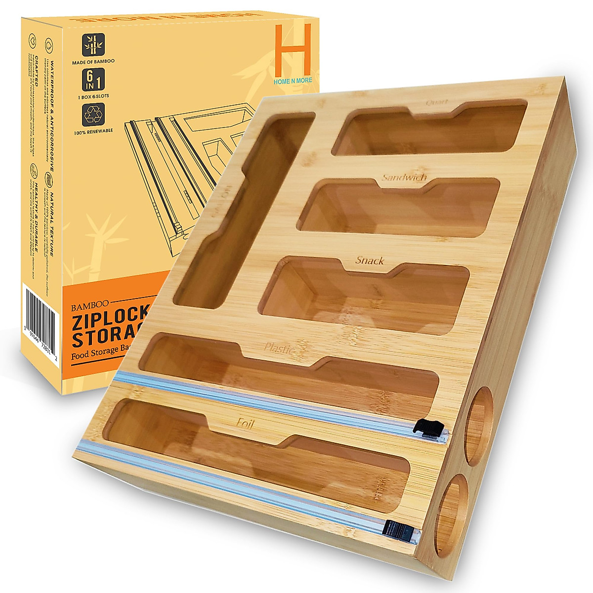 Bamboo 6 in 1 Food Storage Bag Organizer for Kitchen Drawer Baggie Container Dispenser Food Storage Bag Holder for Sandwich - Nuts, Cookies & Snack Variety Size Bags, Compatible with Ziploc,Gallon