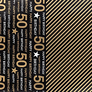RUSPEPA Reversible Wrapping Paper Roll - 50 Years Old Birthday Black and Gold Pattern Great for Birthday, Party, Baby Shower - 17.5 Inches X 32.8 Feet
