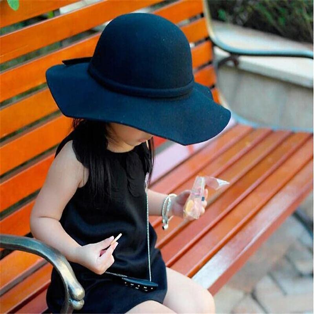 Wide-Brim Kids Girls Floppy-Hat Vintage Fedora Hats for Girl Boho Felt Bowler-Cap 3 to 8 Years (3-8 Years, Black)