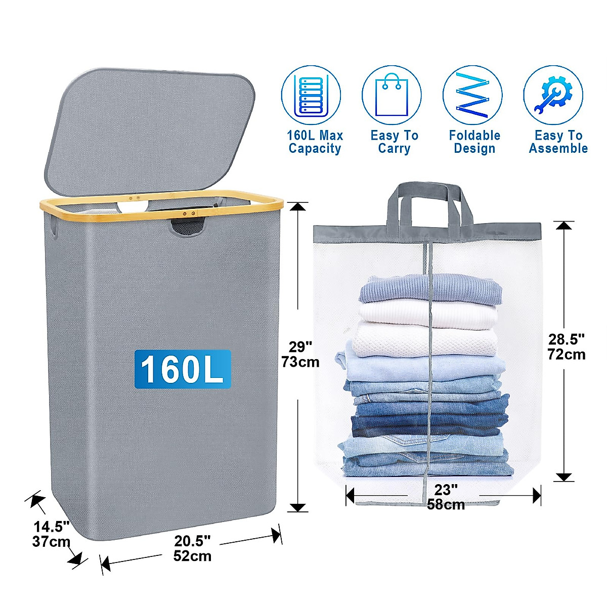 RICOJYCX 160L Double Laundry Hamper with lid, 2 section Extra Large Bamboo Laundry Hamper, Dirty Clothes Hamper with Removable Bags for Laundry Room, Bedroom, Bathroom, Dorm, Living Room, Grey