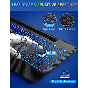 Wireless Keyboard with 7 Colored Backlits, Wrist Rest, Phone Holder, Rechargeable Ergonomic Computer Keyboard with Silent Keys, Full Size Lighted Keyboard for Windows, Mac, PC, Laptop (Black)