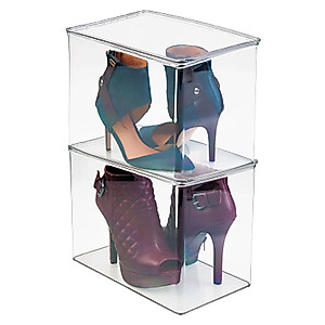 mDesign Stackable Plastic Closet Storage Container Shoebox with Hinge Lid - Individual Transparent Storage Organizer Containers for Shoes - Ligne Collection, Clear