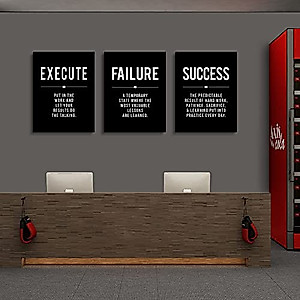 Framed Canvas Wall Art Success Quote, Office Wall Art, Black Large Poster, Positive Motivational Set of 3 Prints, Execute Failure Definition, Inspirational Print (A-3pcs,12x16inchx3pcs)