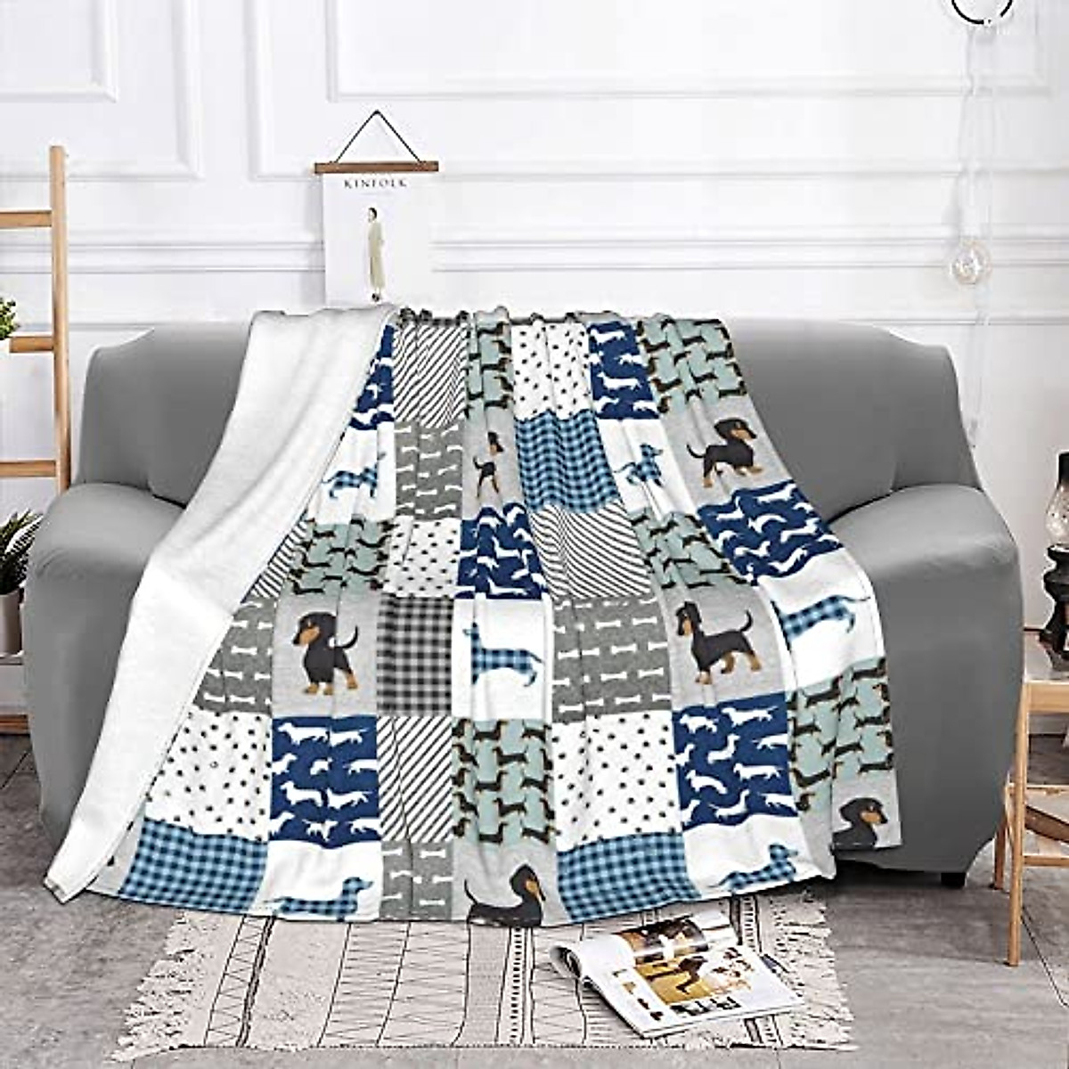 SaBrissi Dachshund Blanket Weiner Dog Blanket Dachshund Gifts for Women Throw Cute Baby Blanket Fleece Flannel Blanket Blue Grey White
