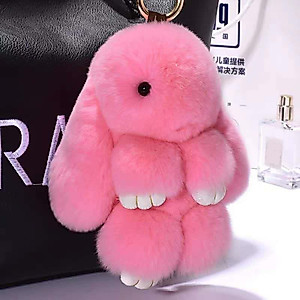 HXINFU Real Rabbit Fur Ball Keychain Bag Plush Pom Poms Fluffy Bunny Keychain