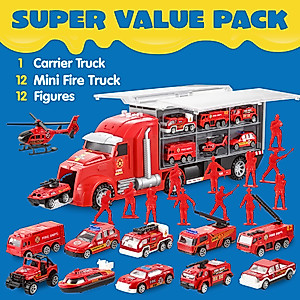JOYIN 25 in 1 Fire Truck Vehicle Toy Set with Sounds and Lights, Fire Engine Vehicles in Carrier Truck, Mini Rescue Emergency Fire Truck Car Toy, Birthday Gifts for Over 3 Years Old Boys