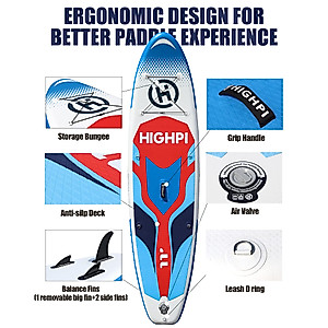 HIGHPI Inflatable Paddle Boards, 11'x33''x6'' SUP for Adults&Youth, Stand Up Paddle Boards with Accessories, Anti-Slip Deck, Stable Durable Lightweight, Suitable for Yoga Fishing Traveling