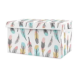 Sweet Jojo Designs Turquoise and Coral Boho Girl Baby Nursery or Kids Room Small Fabric Toy Bin Storage Box Chest for Feather Collection