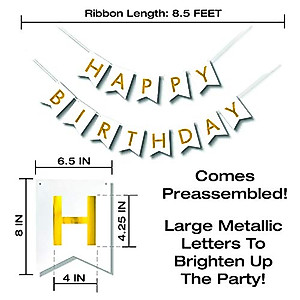 White and Gold Happy Birthday Banner Sign with Two Matching Gold Curtains Sturdy Preassembled Party Decorations by Dream VZN