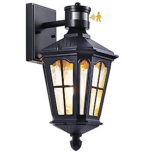 XANGQAN Outdoor Wall Light Fixture with Motion Sensor and Dusk-to-Dawn Sensor, Waterproof and Anti-Rust Aluminum Exterior Sconce with Tempered Water Ripple Glass, for House Garage and Porch.