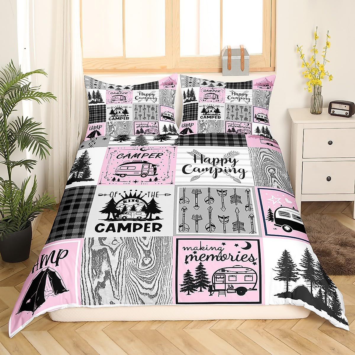 Erosebridal Girls Pink Camper Bedding Set Twin Happy Camping Comforter Cover,Rv Decor for Inside,Camper Accessories for Travel Trailers Duvet Cover,Black Grey Buffalo Plaid Pine Tree Quilt Cover