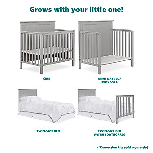 Dream On Me Ava 4-in-1 Convertible Mini Crib in Pebble Grey, 635-PG, Greenguard Gold Certified, Non-Toxic Finish, Comes with 1" Mattress Pad, with 3 Mattress Height Settings